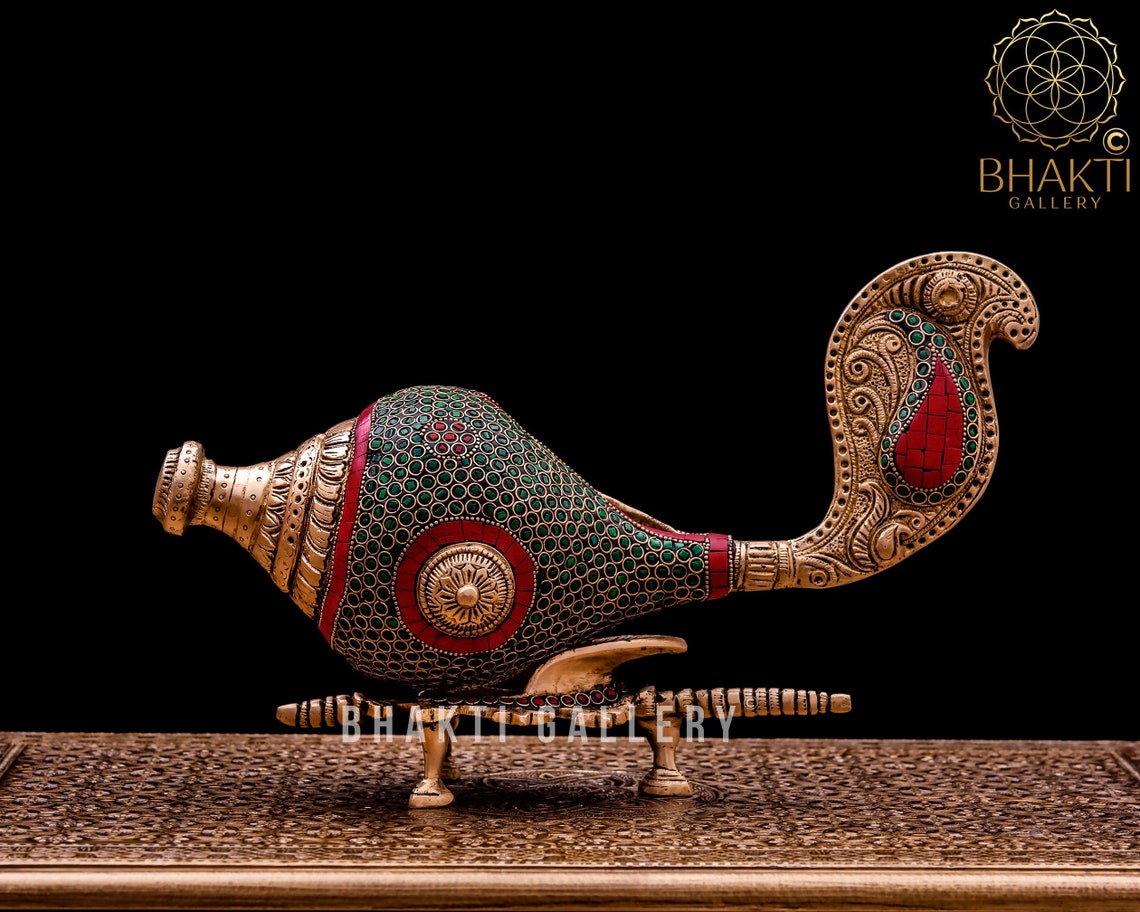 Brass Conch Shell With Beautiful Mosaic Stonework, Brass Shankh With ...
