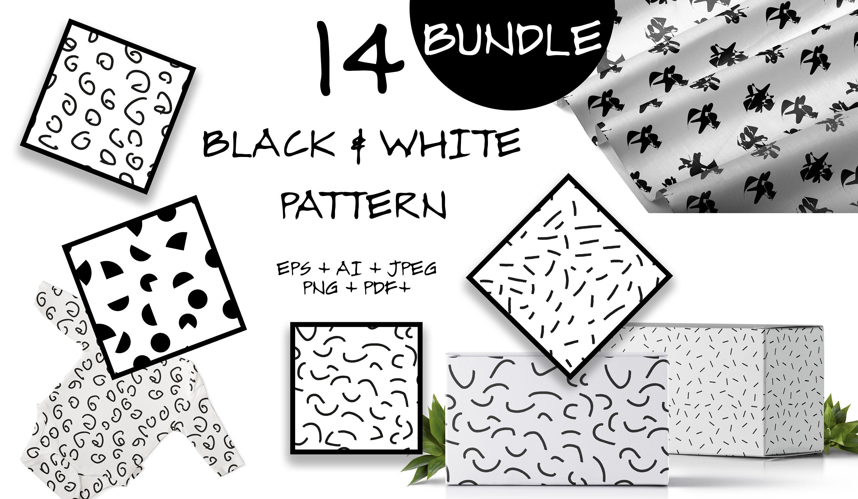 INSTANT DOWNLOAD, BUNDLE of Black & White Seamless Pattern, 14 Digital ...