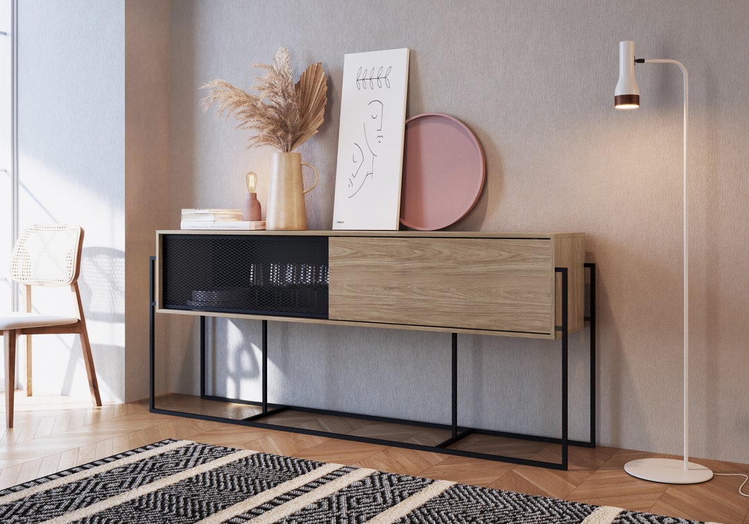 York Sideboard Console Table Black Iron Legs and Sliding Door coastal ...