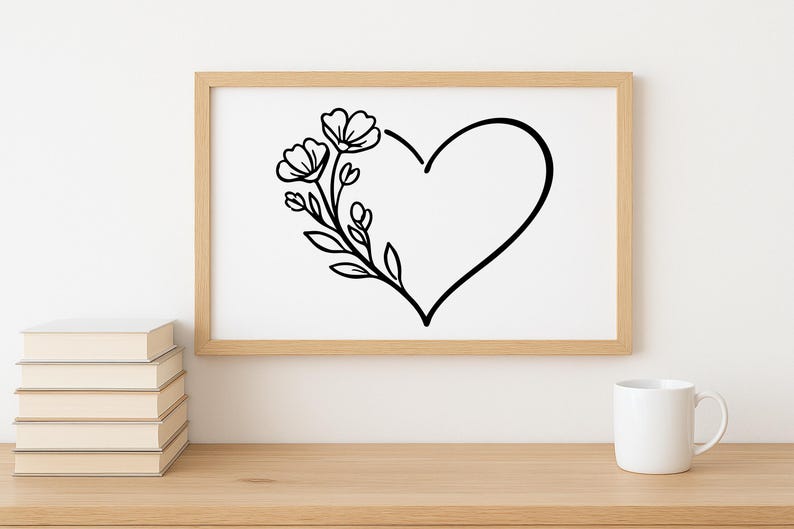 Floral Heart SVG Botanical Line Art Heart Frame Outline Cut File for ...