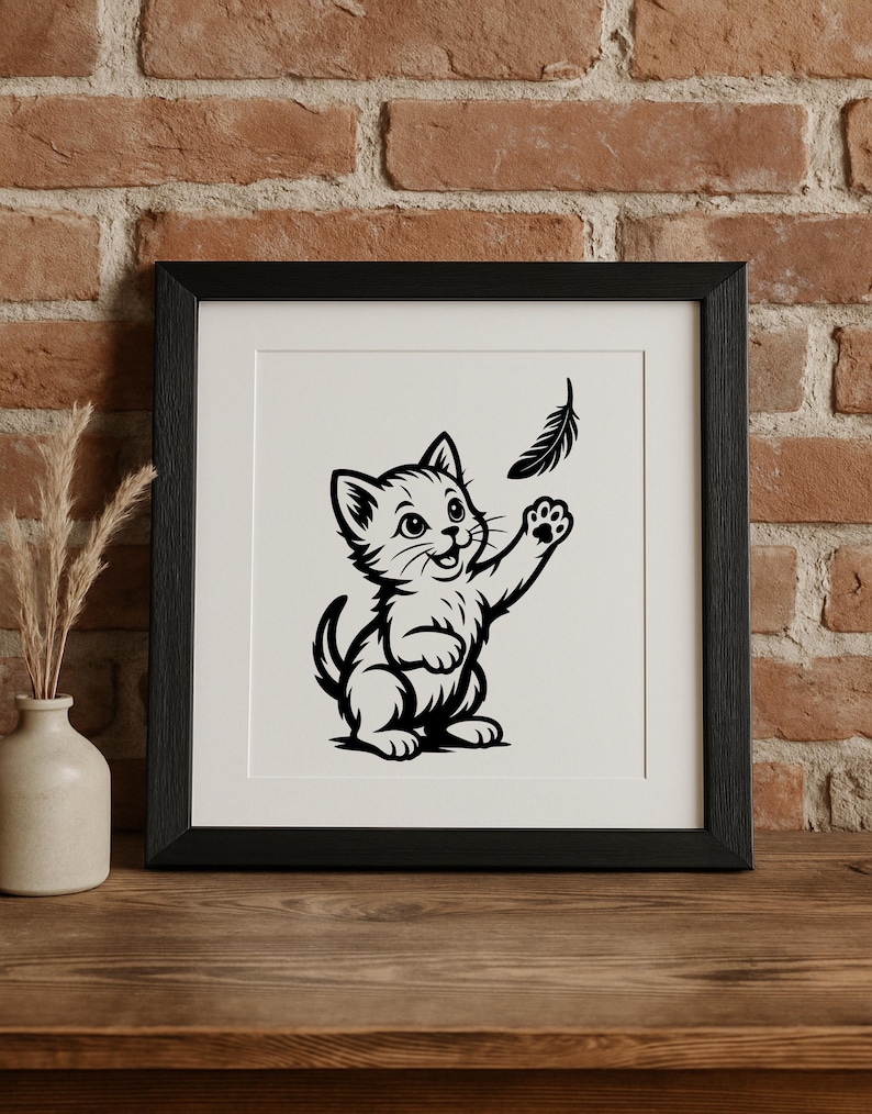 Cute Cat Playing With Feather SVG | Printable Silhouette - Etsy