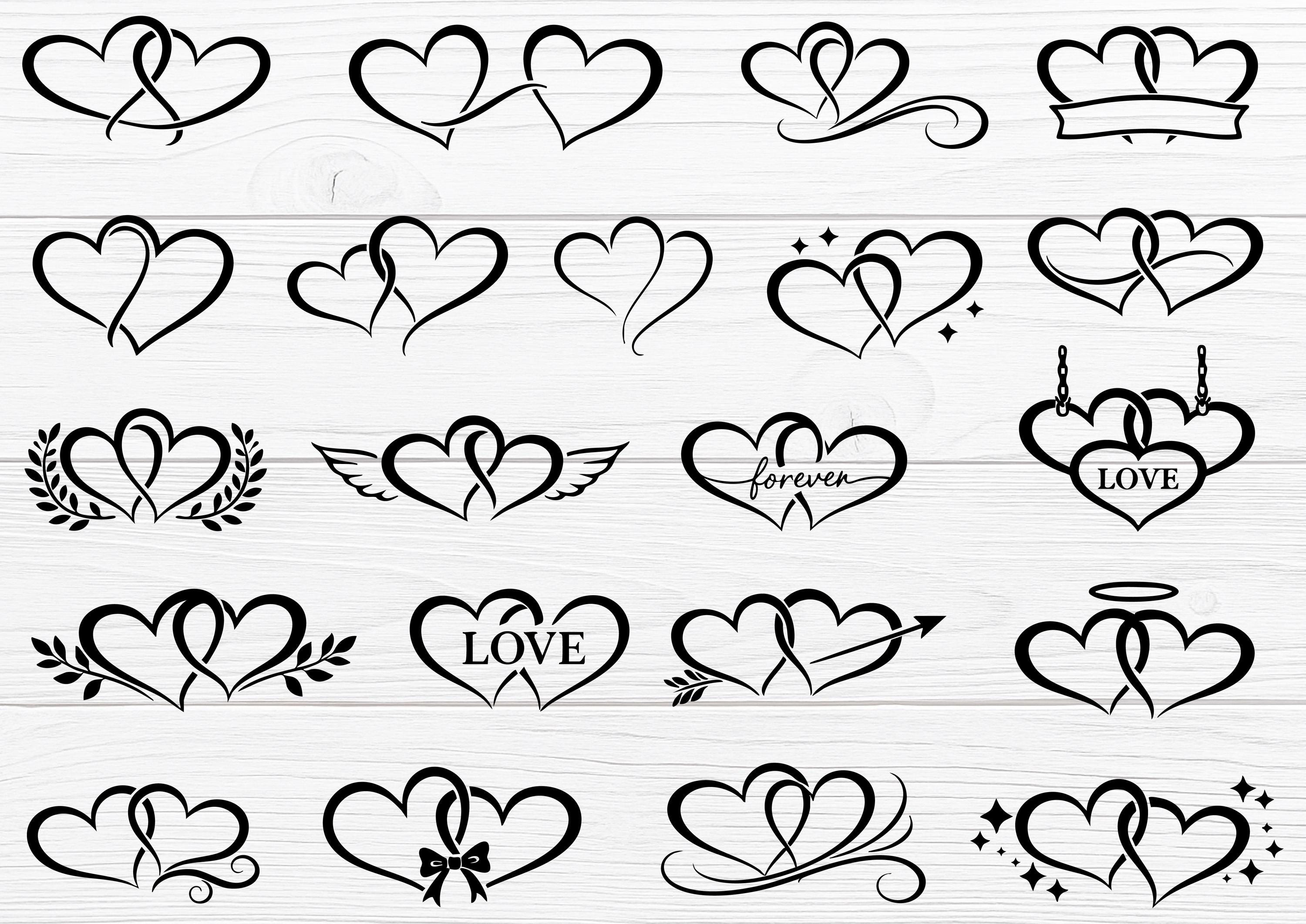 Valentine Double Heart SVG PNG Clipart Bundle With Swirl Line Art Cut ...
