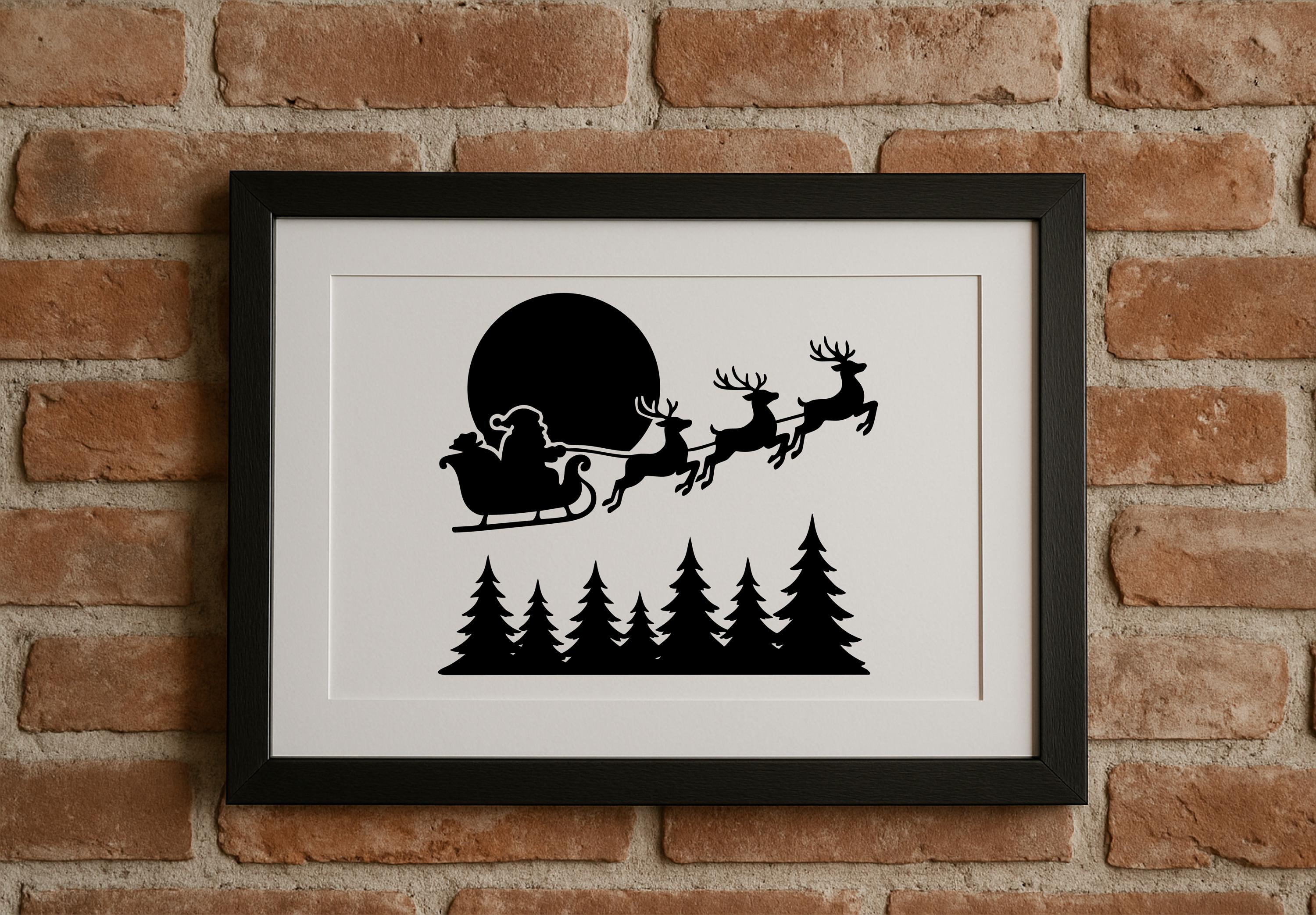 Santa Sleigh With Reindeer SVG Flying Over Forest and Moon Silhouette ...