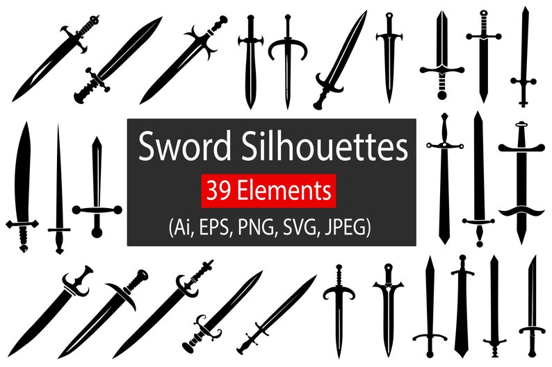 Set of Swords, Sword SVG Bundle, Sword Silhouette, Sword Clipart, Black ...