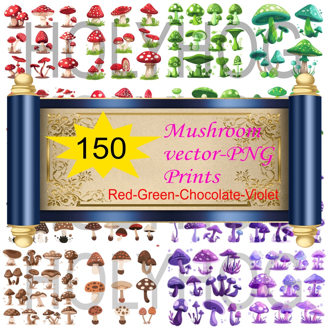 Clipart Bundle Mushrooms, Vector PNG, 150, Fantasy Clipart, 4 Colors ...
