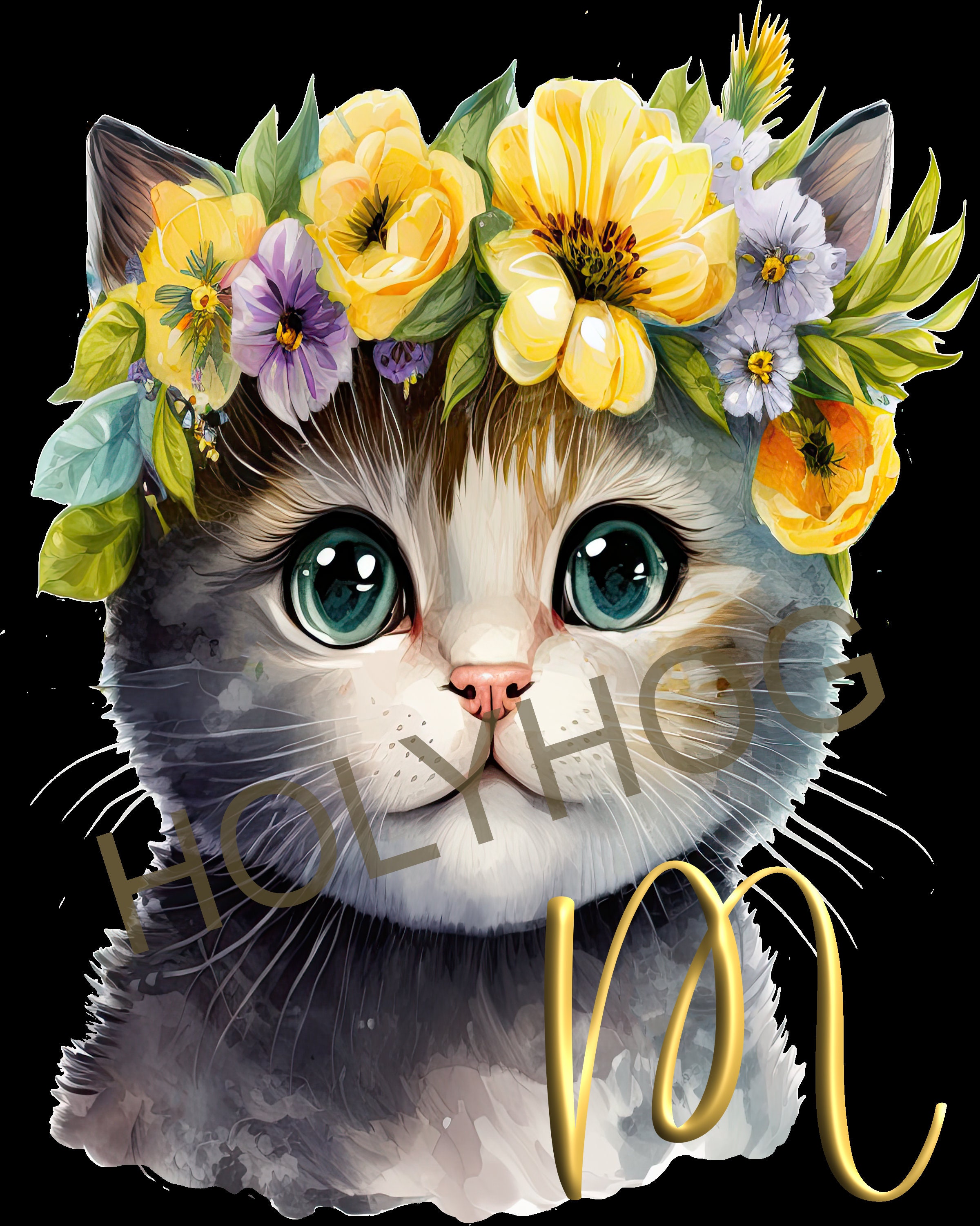 Watercolor Cat Portrait Clipart With Alphabet Letters, Cute Kitten With ...