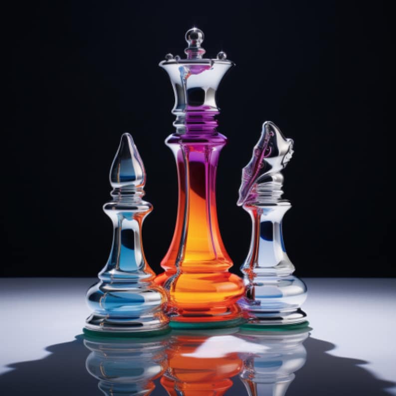 Chess Art, Chess Pieces Prints Pack, Polished Chrome and Glass, Vivid ...