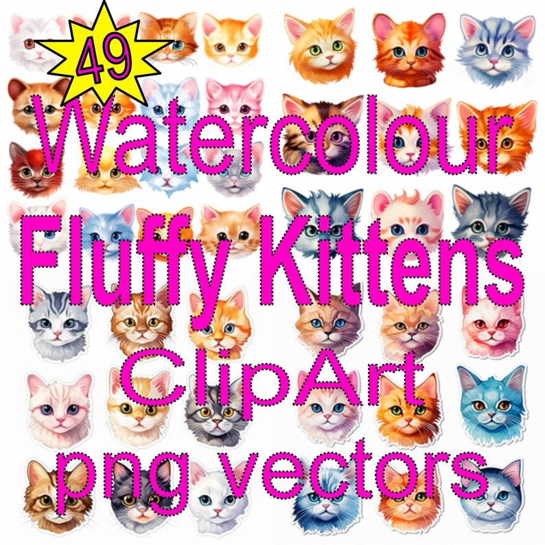 Watercolor Cute Kitten Clipart Bundle, Fluffy Kitten, Kitten Picture ...