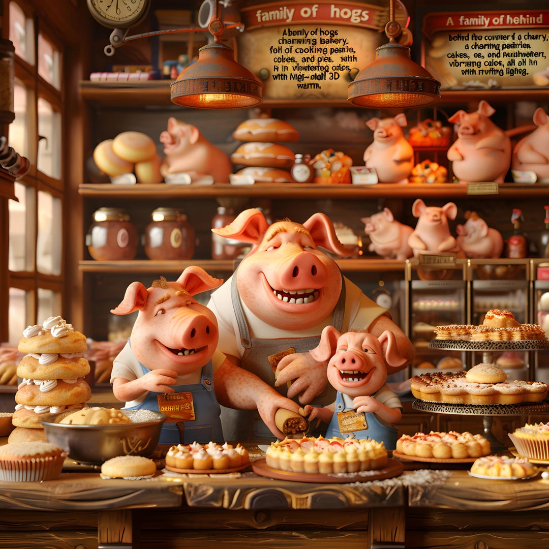 Cute Pigs Family Bakery Stickers, All 3 Pigletts Hard at Work Making ...