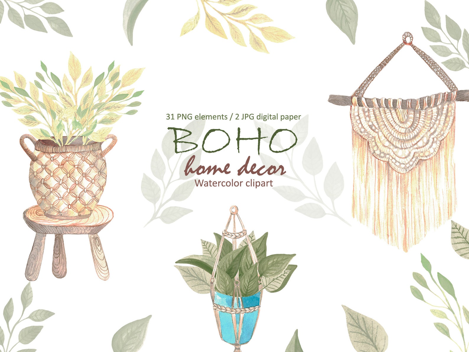 Boho House Plant Clipart. Watercolor Modern home decor Indoor | Etsy