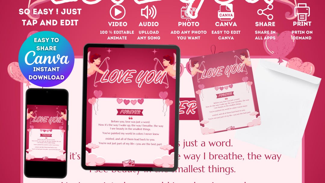 Personalised Love You Card Printable & Editable Digital Download Canva ...