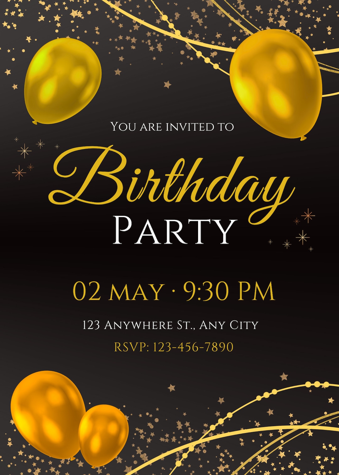 Editable Birthday Party Invitation Template: Gold Balloons (digital ...