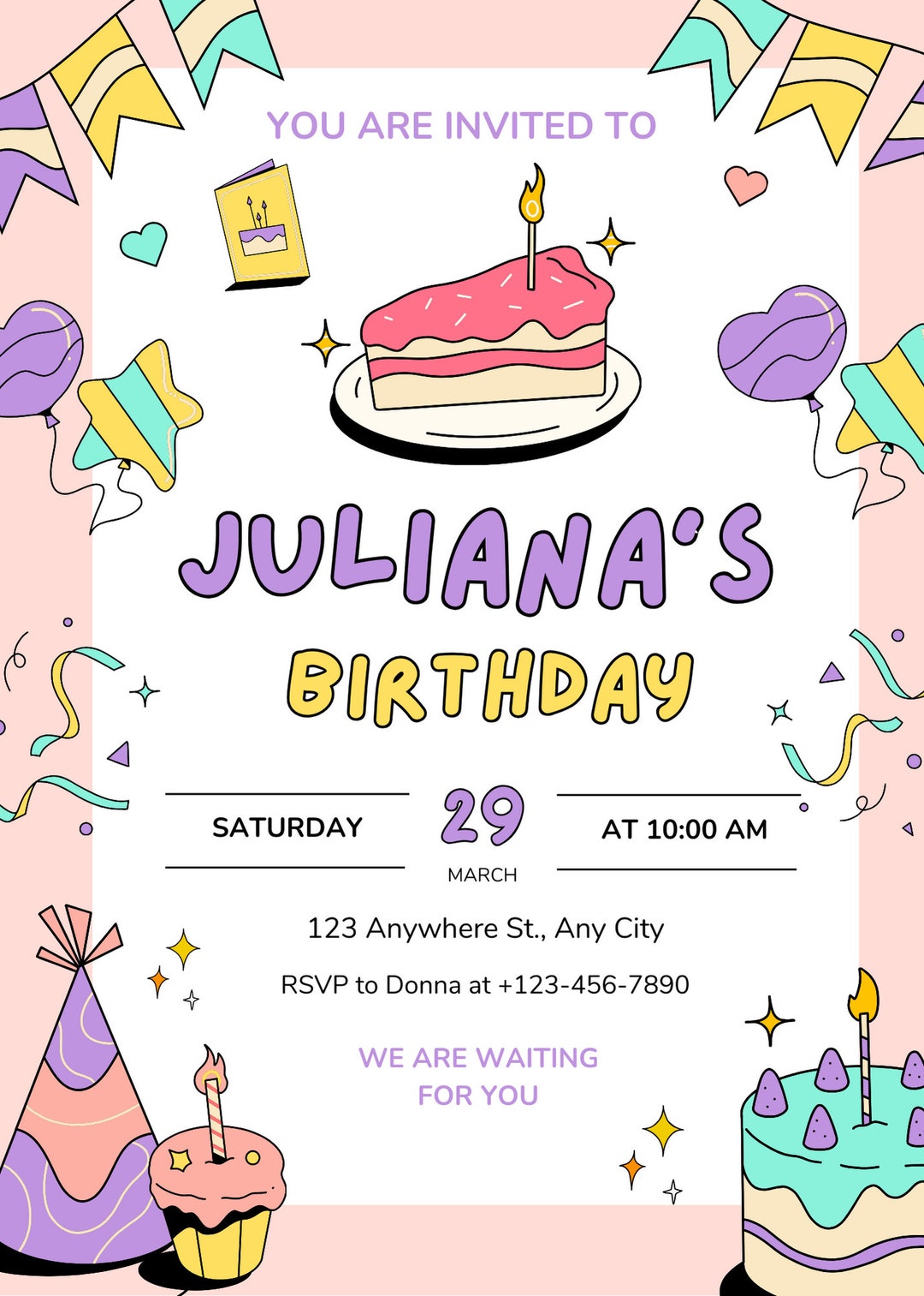 Birthday Party Invitation, Printable Editable Digital Download Template ...