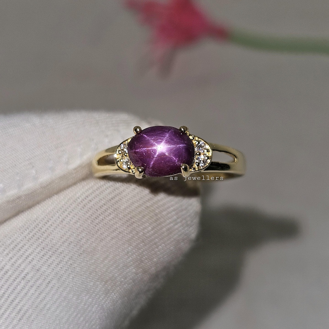 Natural Star Ruby Ring, 925 Sterling Silver, CZ Diamond Accents - Etsy