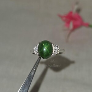 Green Star Sapphire Ring: 925 Sterling Silver, CZ Diamond Accents - Etsy