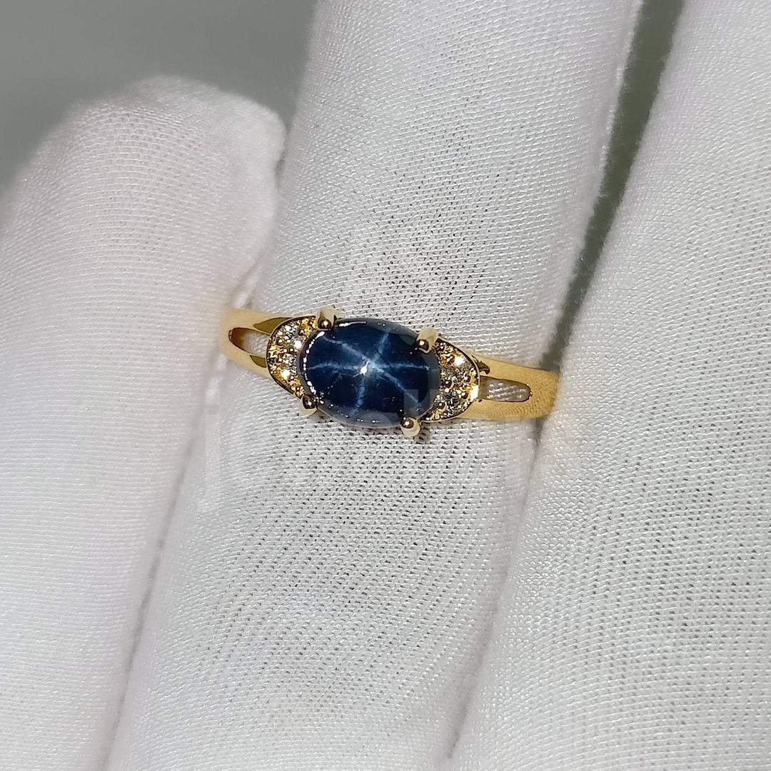 14k Gold Natural Blue Star Sapphire Ring: Natural Gemstone & Moissanite ...