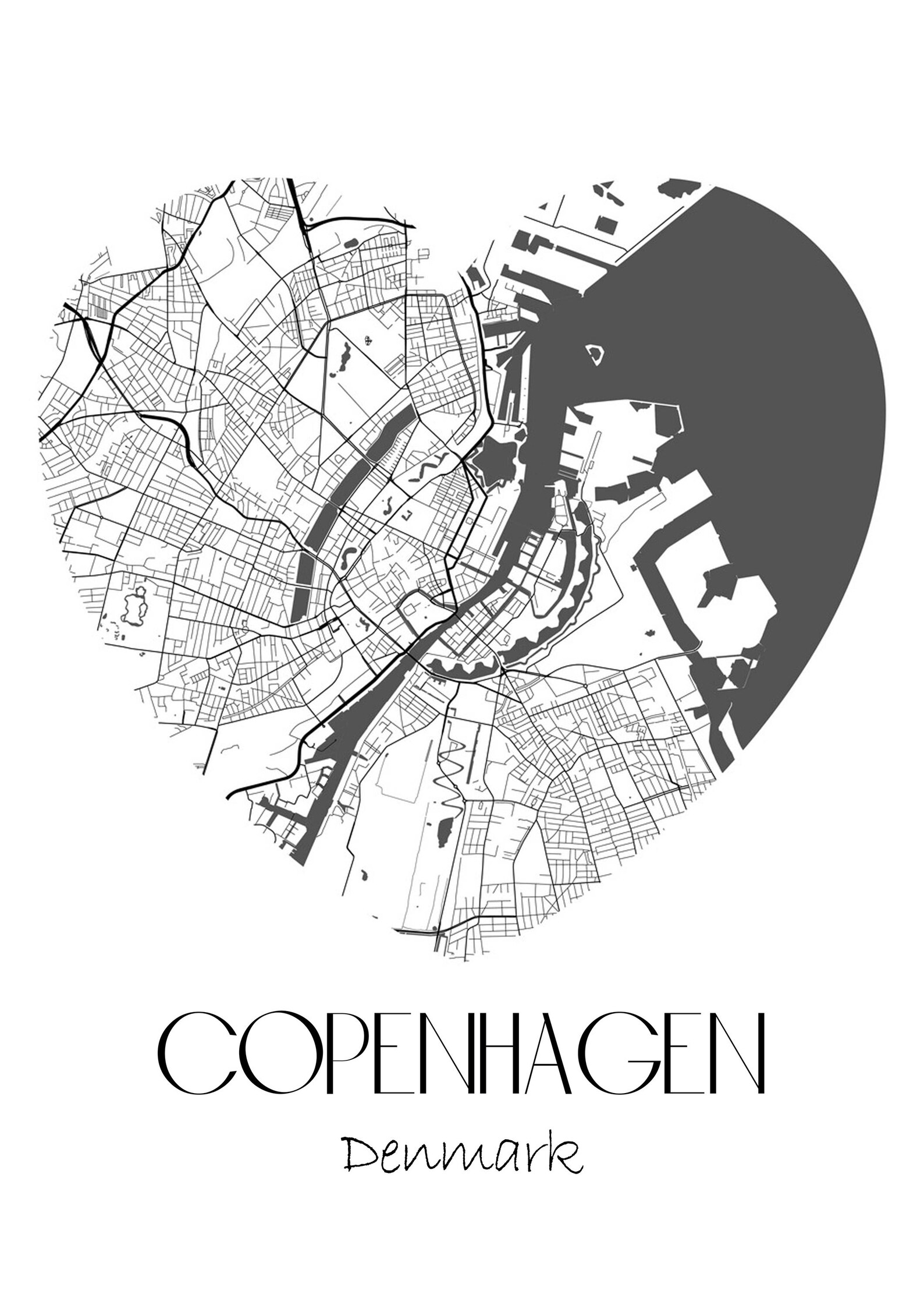Heart-shaped Copenhagen Map Print – Black and White Copenhagen Street ...