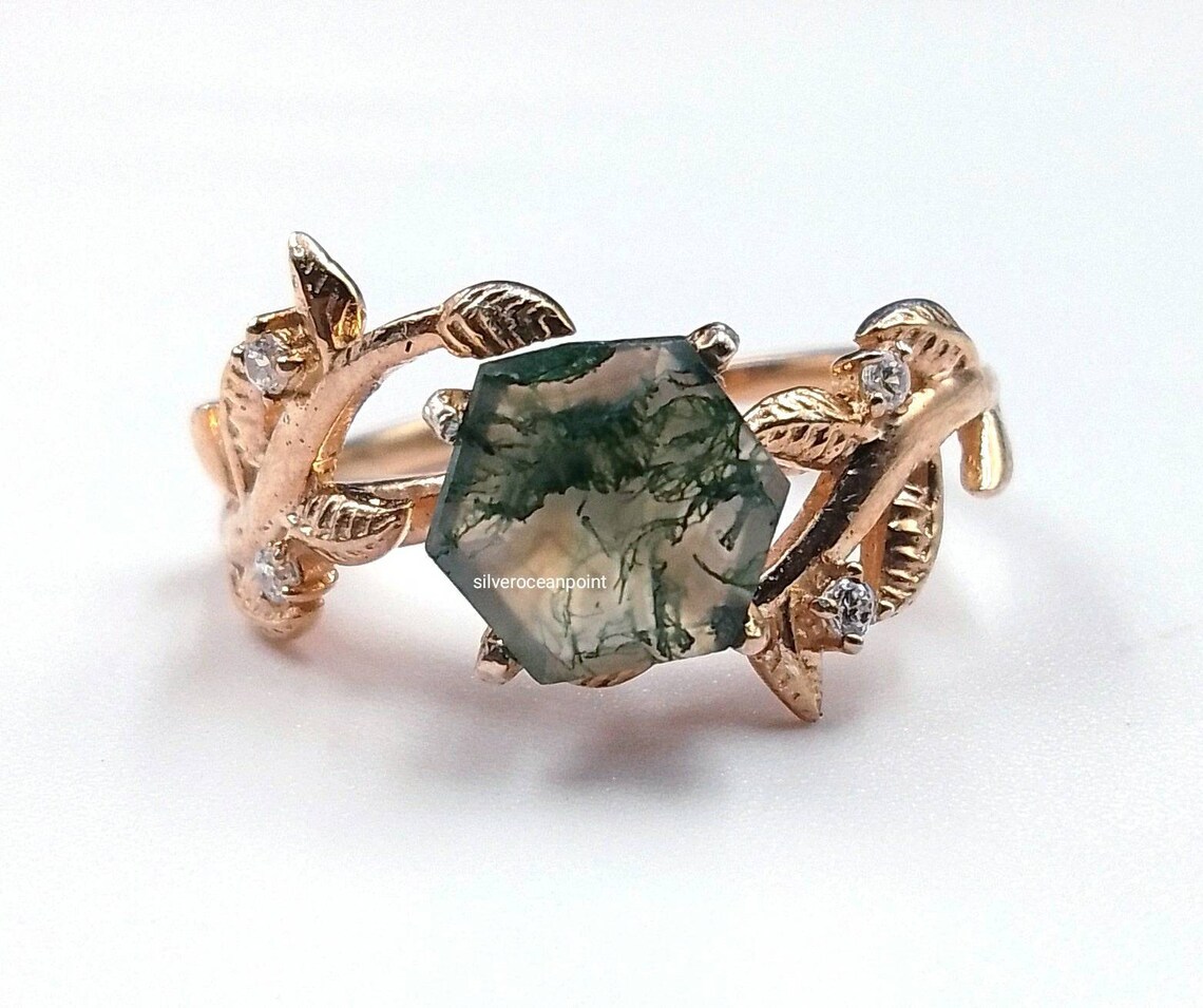 HEXAGON MOSS Ring,gmstone Rings,moss Agate Ring,geern Moss Ring ...