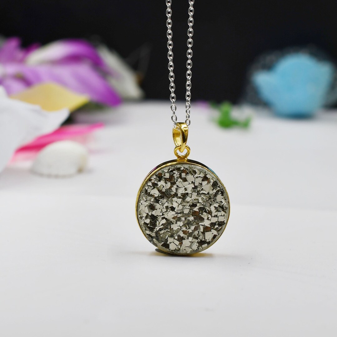 Natural Pyrite Pendant Necklace Round Rough Raw Sterling Silver ...