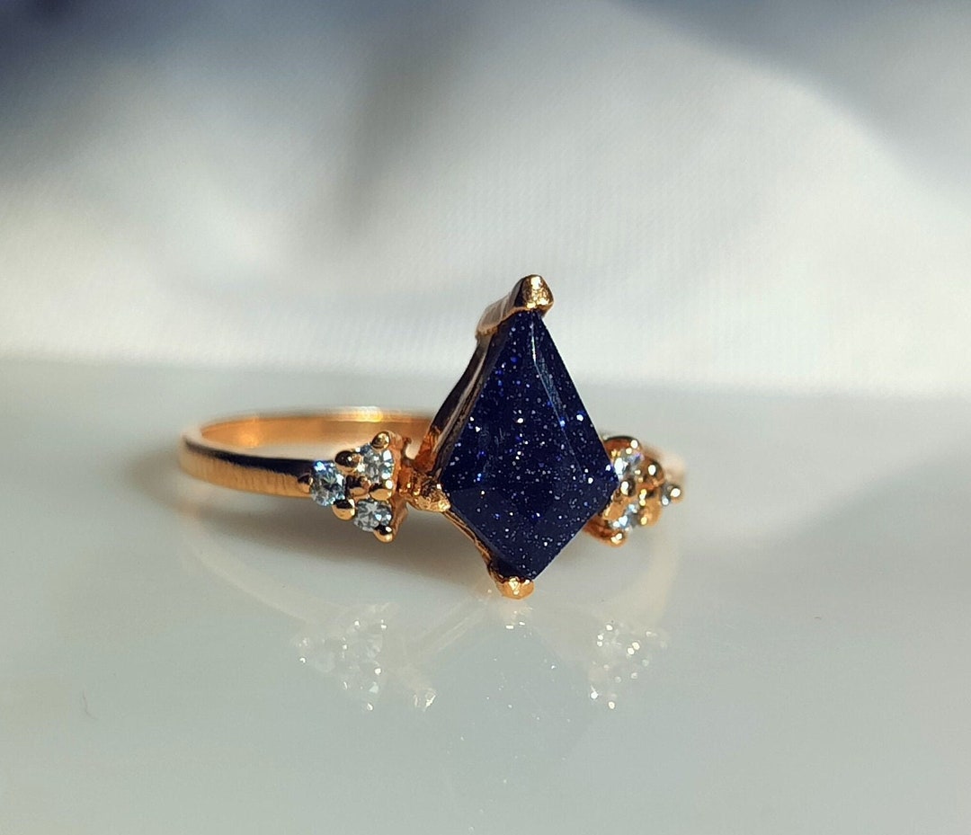 Gothic Kite Cut Galaxy Space Kite Blue Sandstone Ring Silver Rose Gold ...