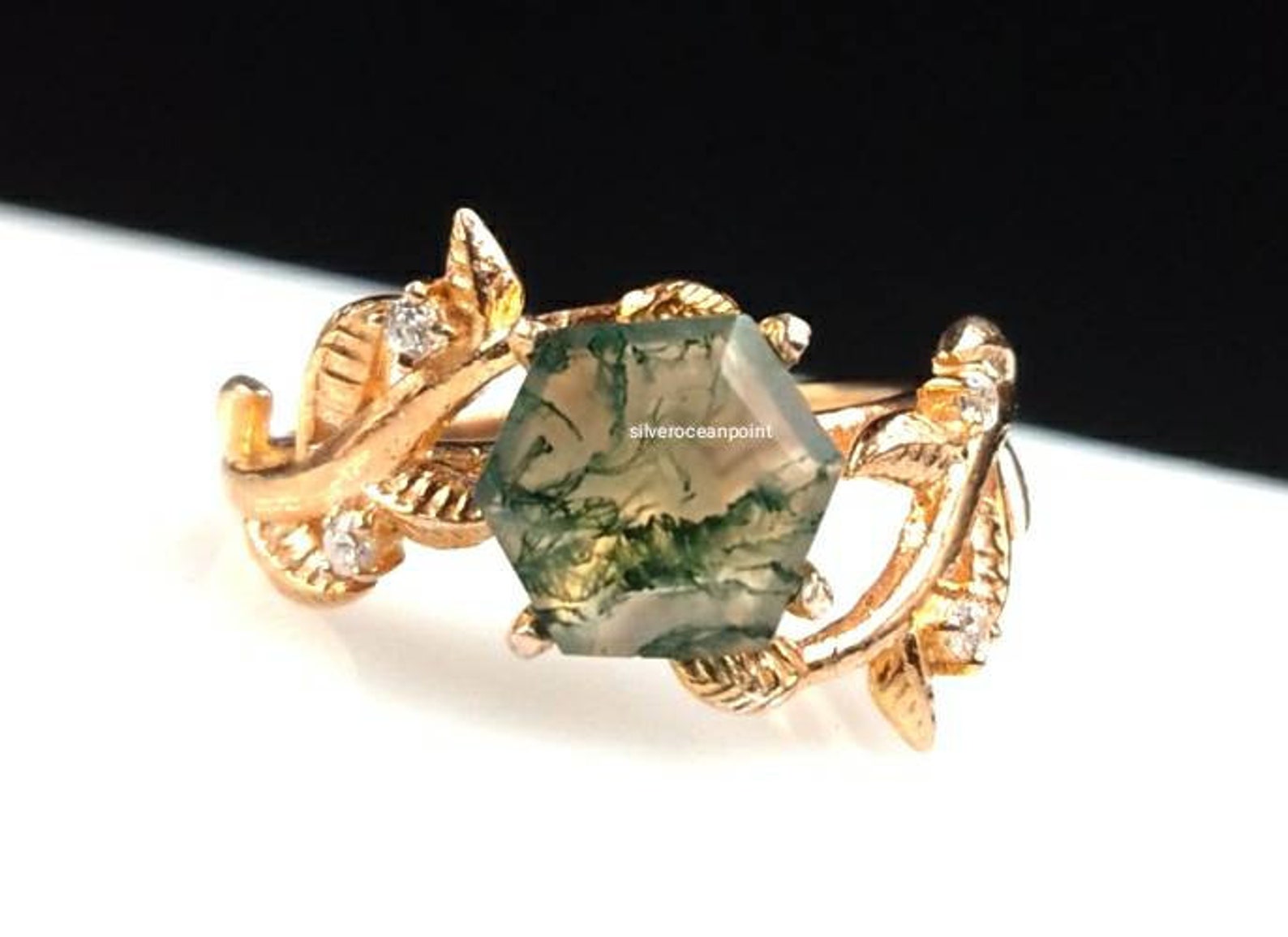 HEXAGON MOSS Ring,gmstone Rings,moss Agate Ring,geern Moss Ring ...
