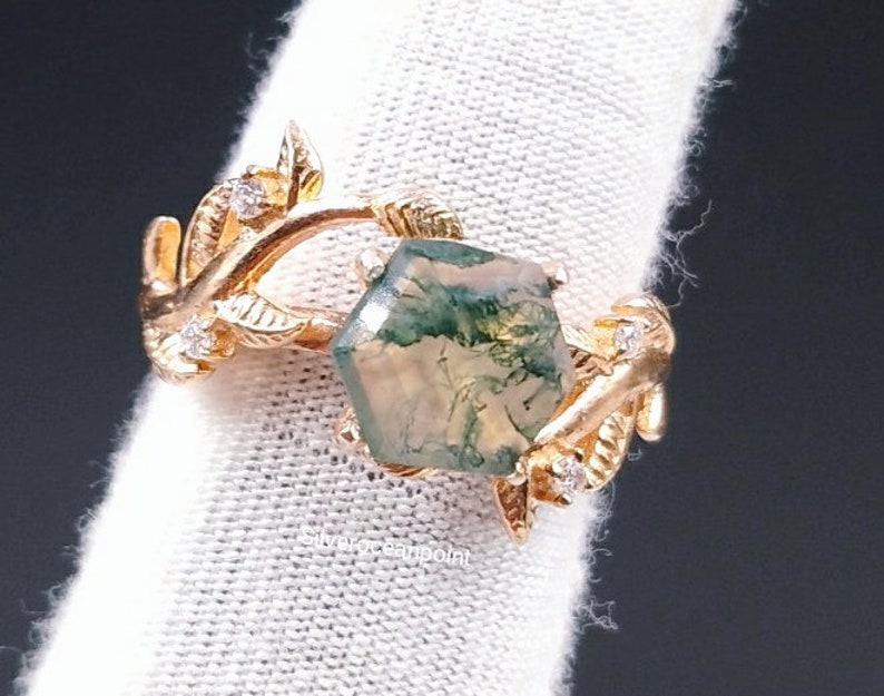 HEXAGON MOSS Ring,gmstone Rings,moss Agate Ring,geern Moss Ring ...