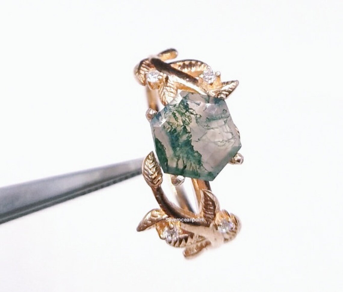 HEXAGON MOSS Ring,gmstone Rings,moss Agate Ring,geern Moss Ring ...