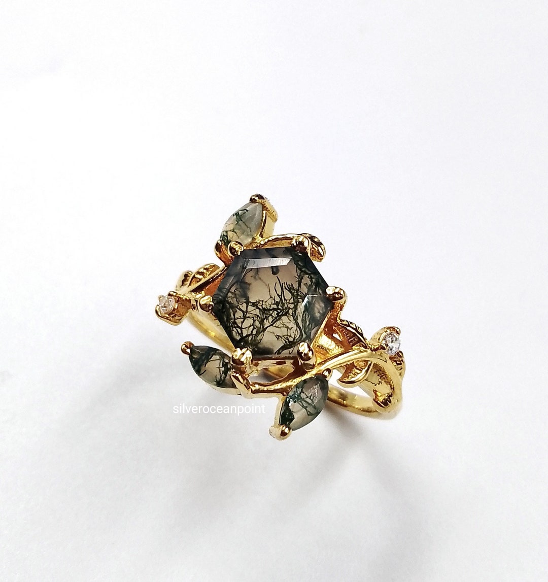Unique HEXAGON MOSS Ring, Gemstone Rings,moss Agate Ring,geern Moss ...