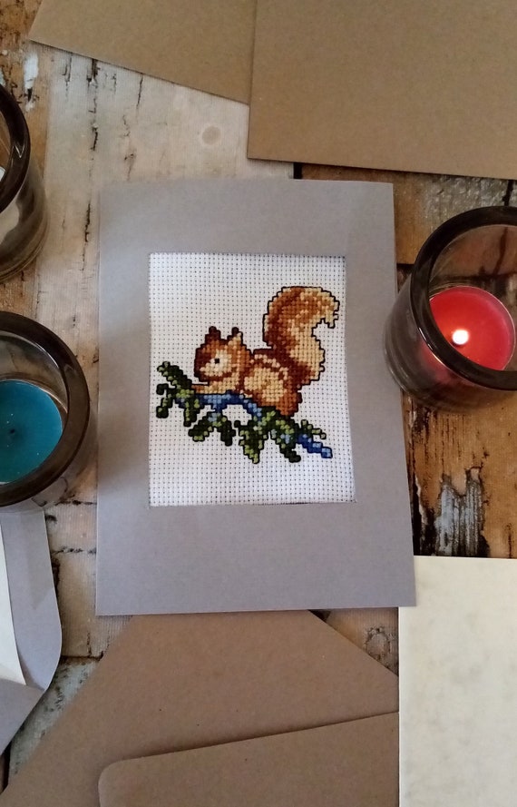 Squirrel Squirrel Card Embroidered Squirrel Cross Stitch - Etsy