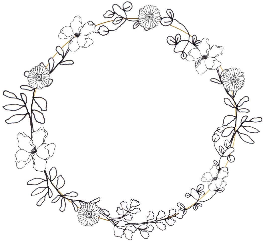 Line Art Floral Wreath, Floral Wreath, PNG Compatible, Modern Flower ...
