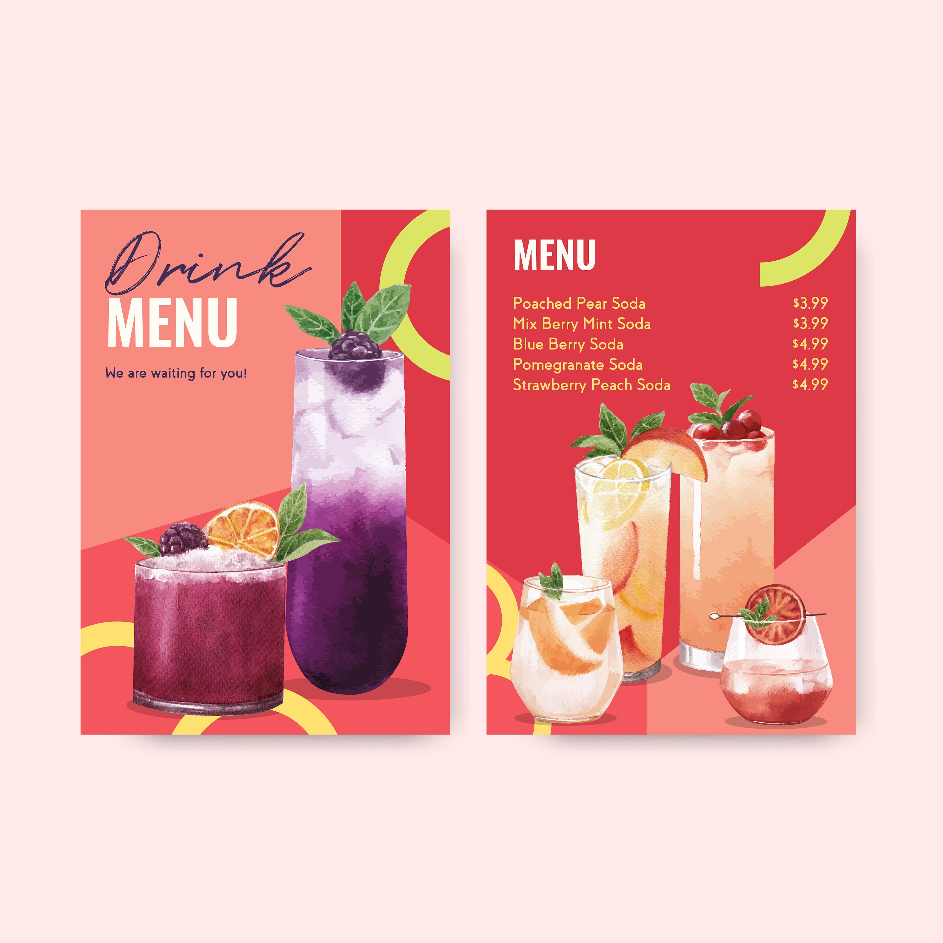 Soda Drink Menu Template for Cafe and Bistro Watercolor Illustration ...