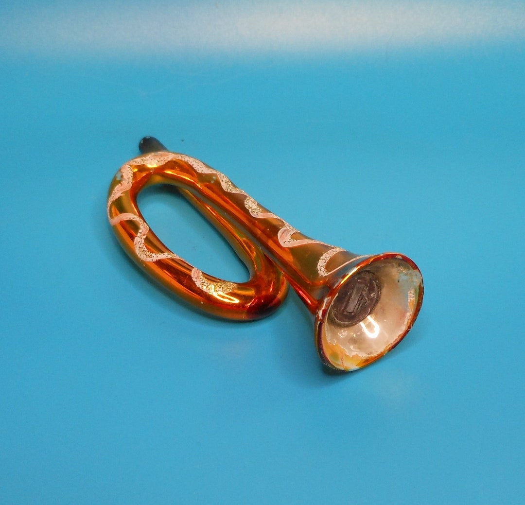 Shiny Brass-colored Trumpet Ornament Vintage 1970's hand Blown Glass 4 ...