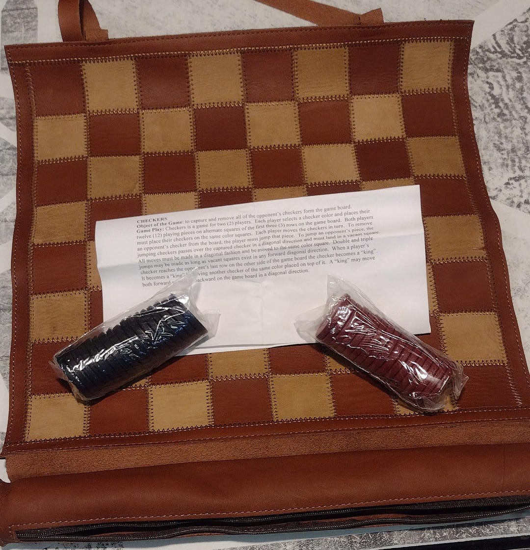 Checkers/chessboard Leather Roll-up Portable Game Board and 32 Pieces ...