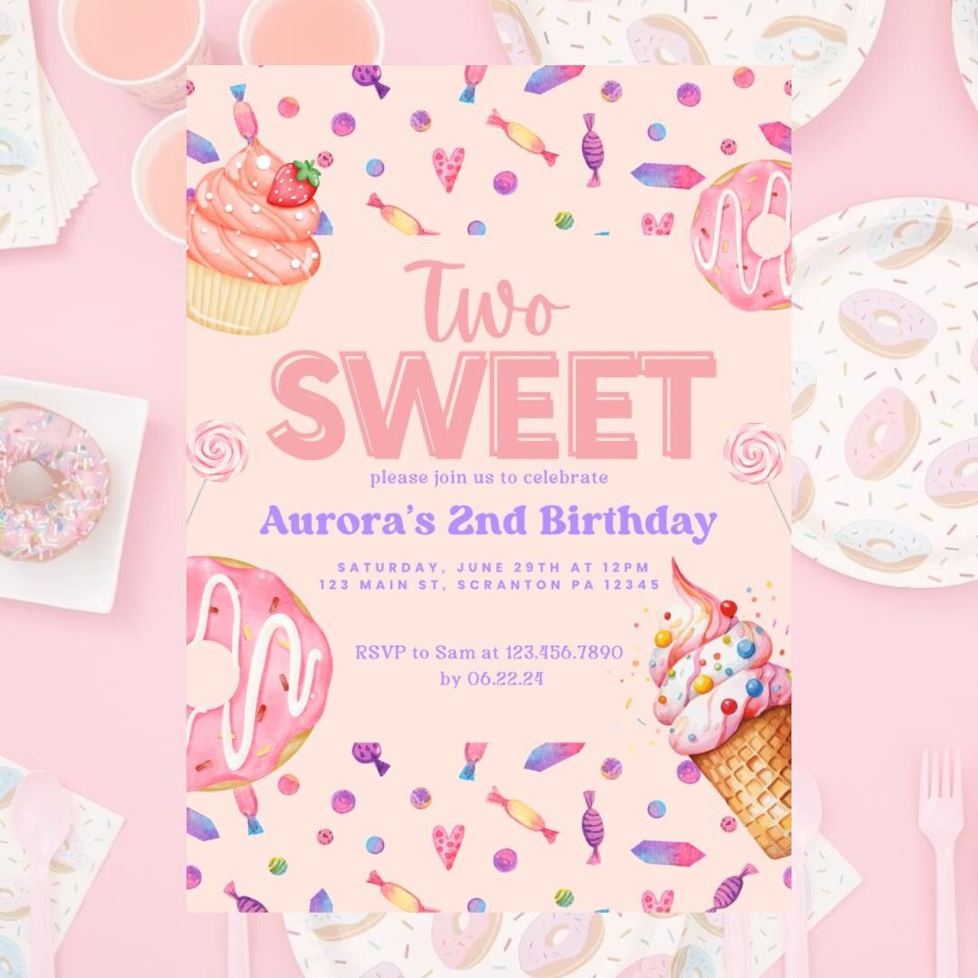 Two Sweet Birthday Invitation, 2nd Birthday Invitation Girl, 5x7 ...