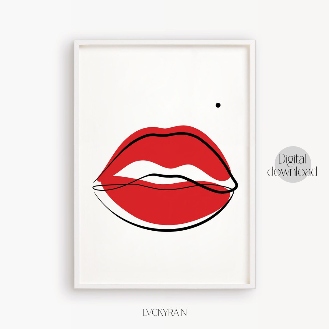 Red Lips Print, Lips Printable, Lips Painting, Lips Poster, Kiss Line ...