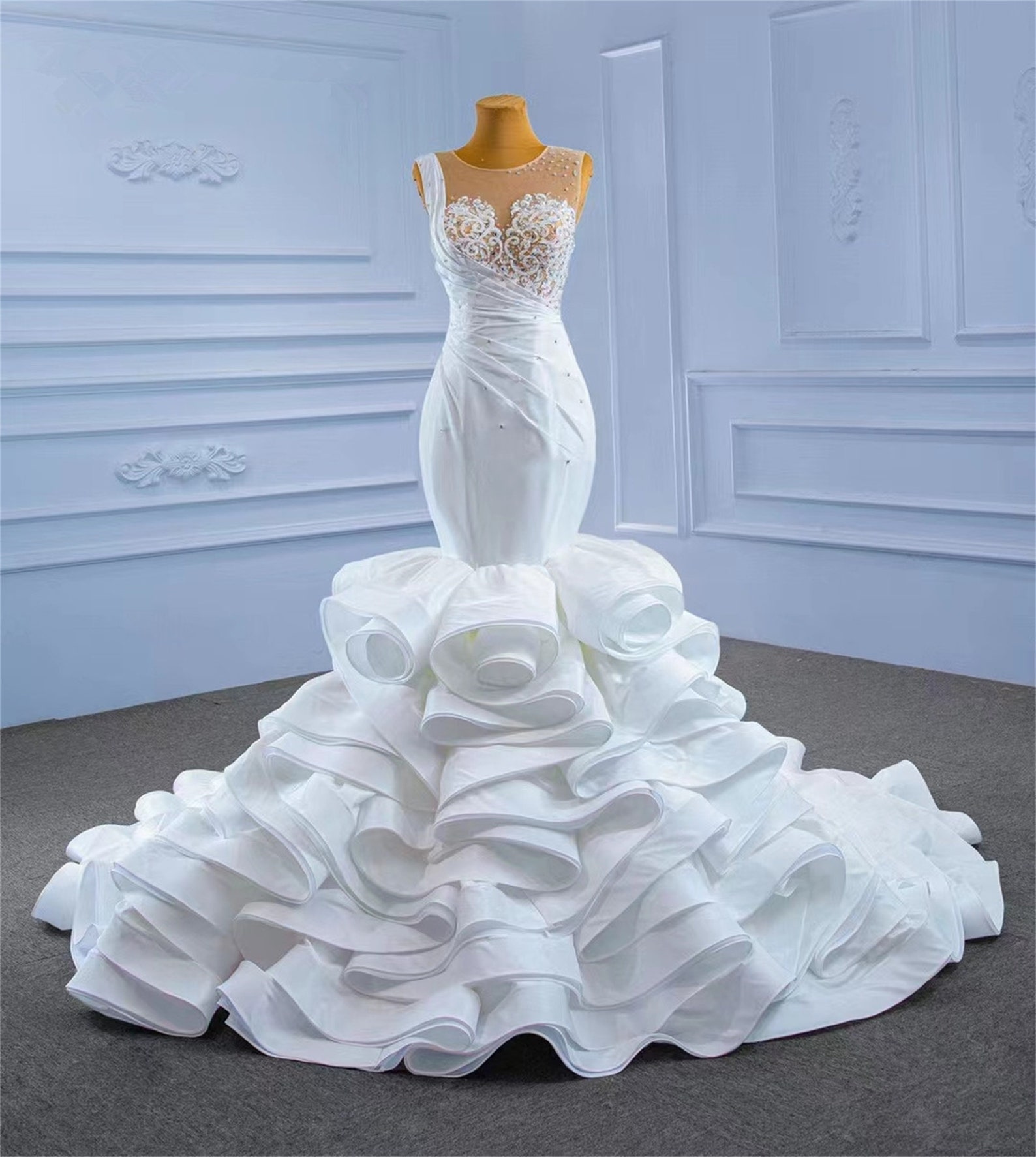 Ivory Crystal Beaded Wedding Dresses ,luxury Tiered Mermaid Bridal Gown ...
