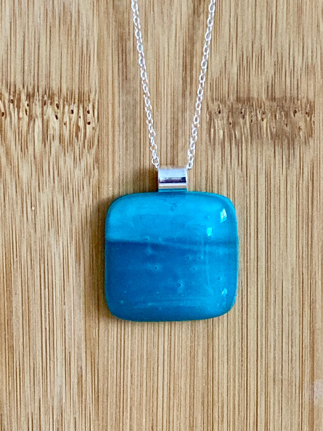 Sea Blue Fused Glass Square Pendant Necklace - Etsy