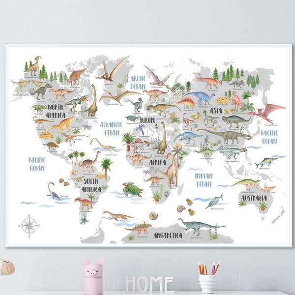 Dinosaur World Map Printable - Etsy