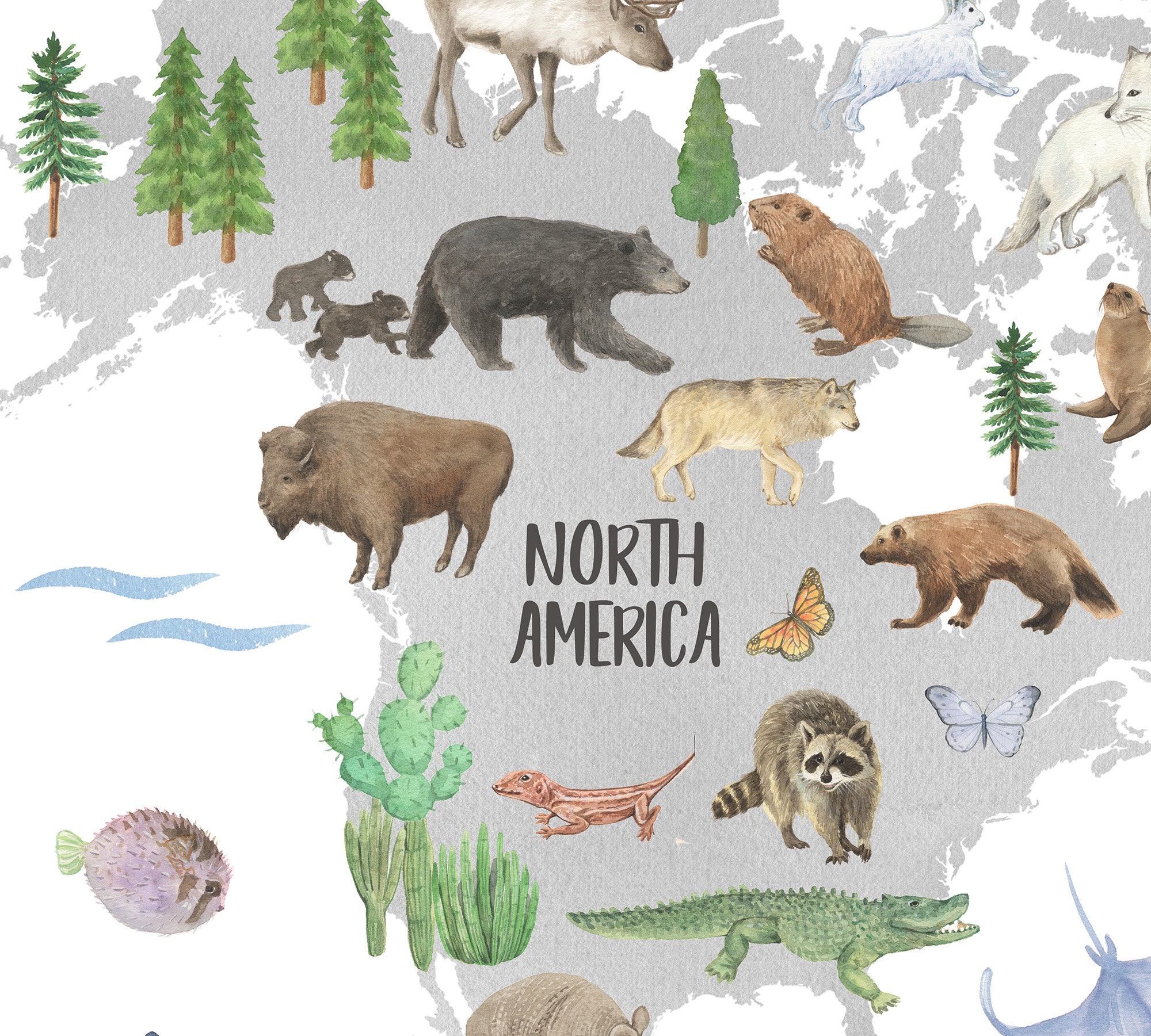 Animals World Map WatercolorWorld Map Kids World Map Print | Etsy