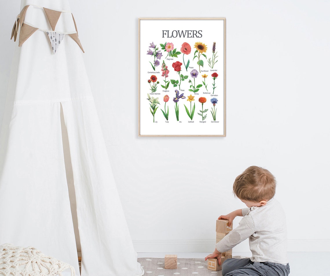 Watercolor Flowers Chart Printable: Educational Nursery Decor (digital ...