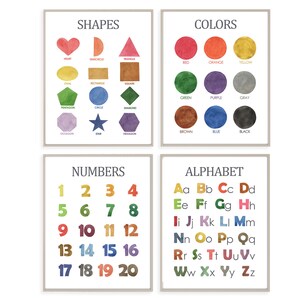 Watercolor Educational Prints: Shapes, Colors, Alphabet, Numbers ...