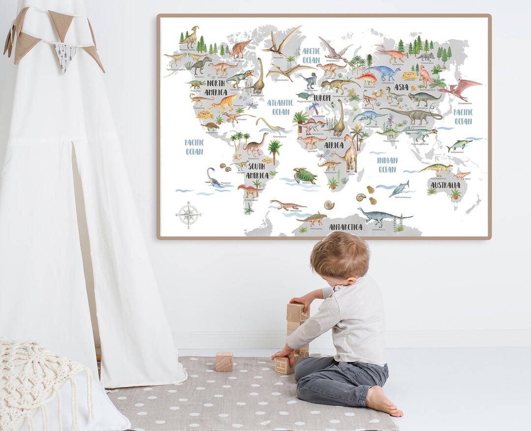 Dinosaur World Map Dinosaur Wall Art Kids World Map Print - Etsy