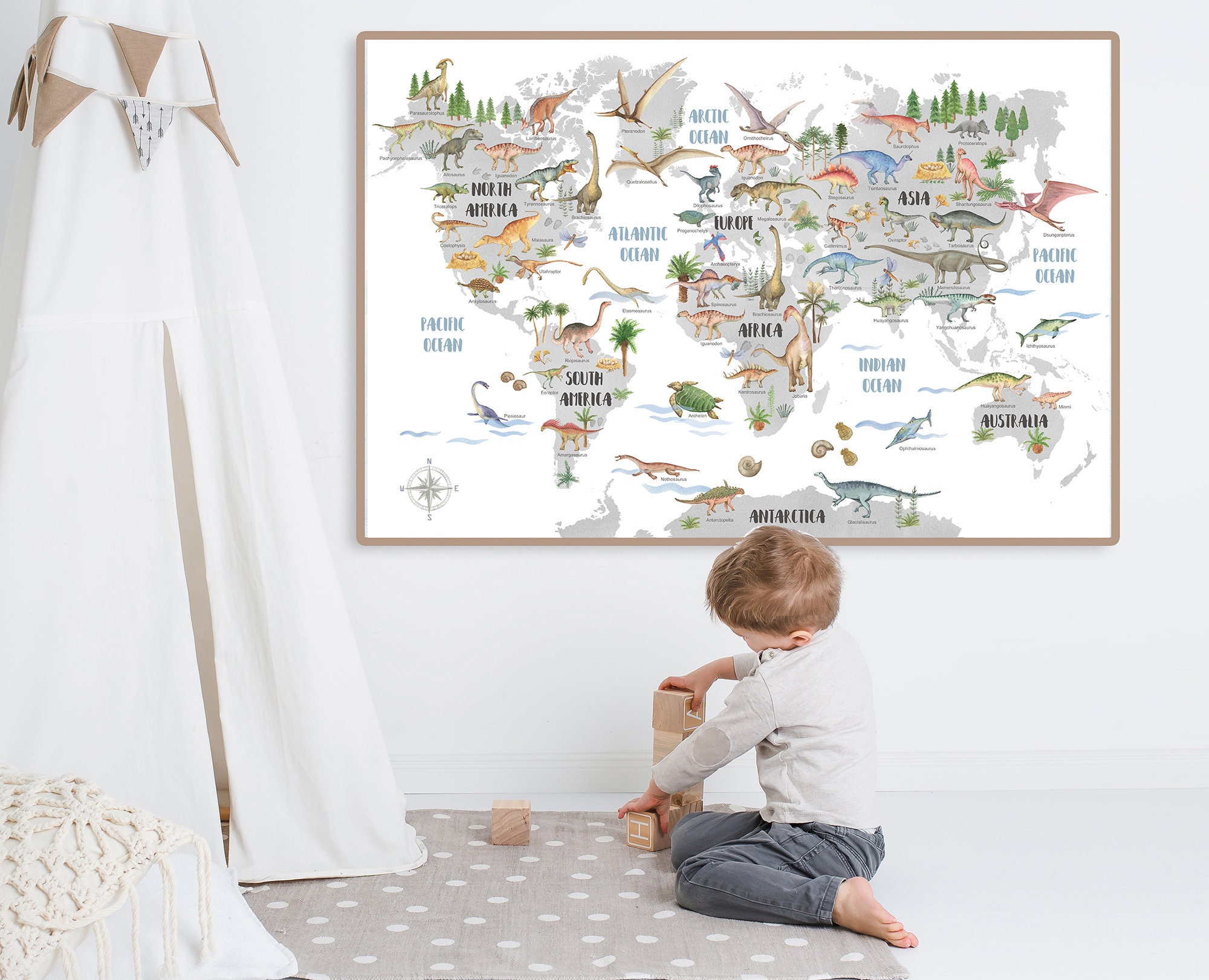 Dinosaur World Map Dinosaur Wall Art Kids World Map Print | Etsy