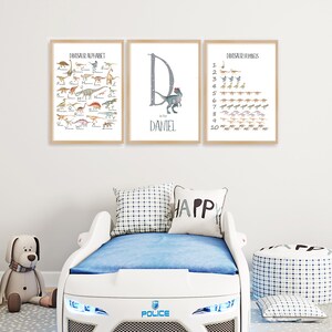 Set of 3, Personalized Dinosaur Art Alphabet Print, Number Poster ...