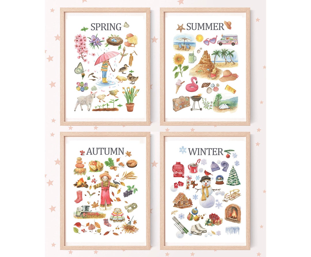Four Seasons Print Set, Spring, Summer, Autumn, Winter Poster, Nursery ...