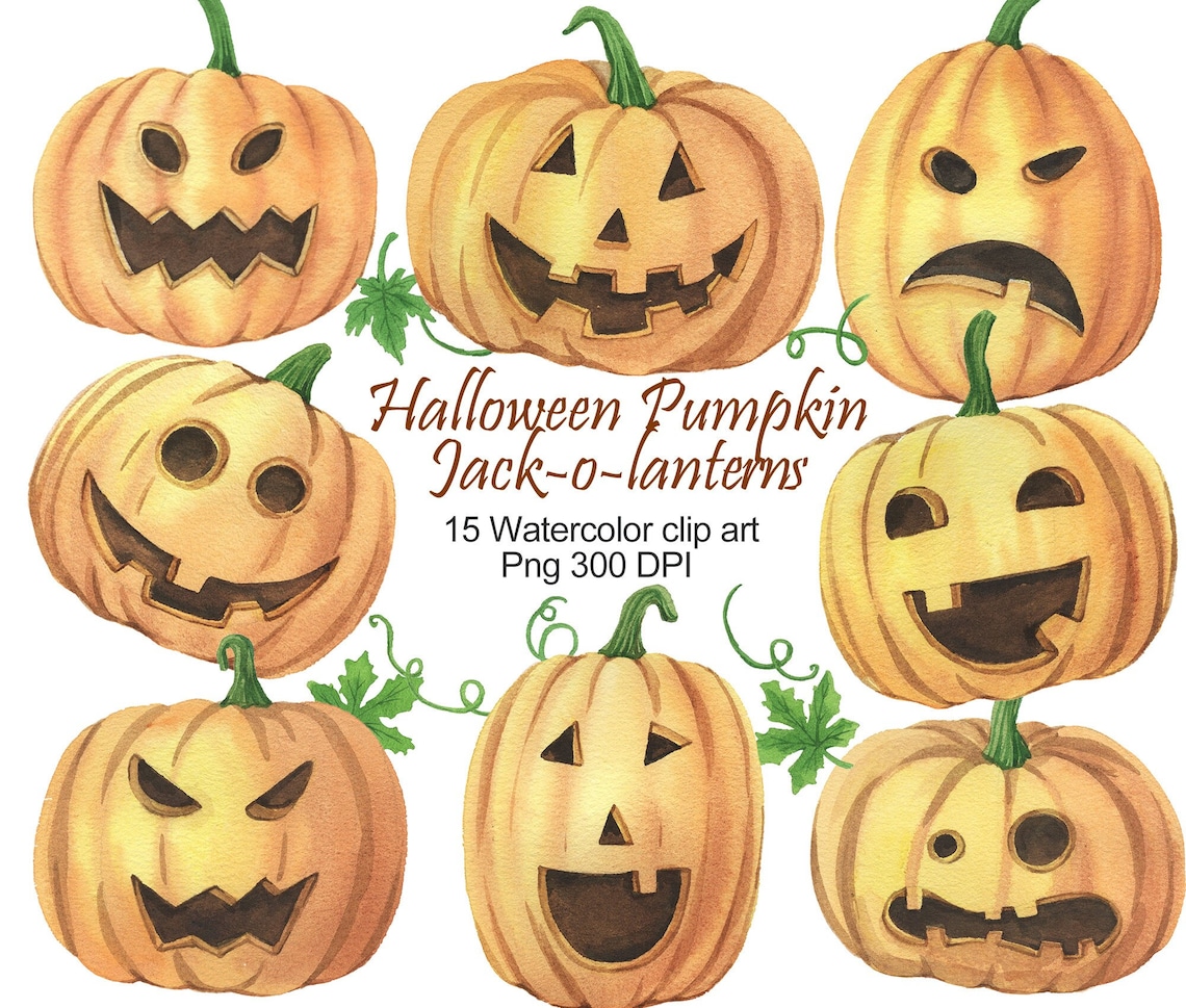15 PNG Jack-o-lanterns Clipart Halloween Pumkin Watercolor - Etsy