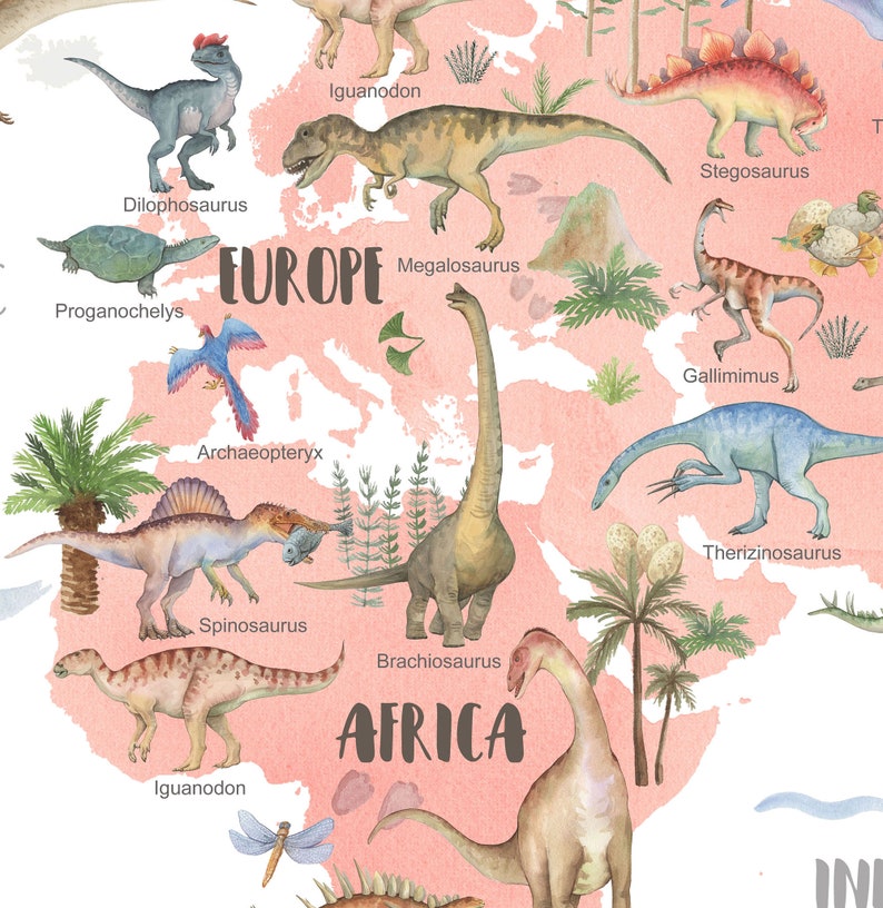 Dinosaur World Map Pink Dinosaur Wall Art Kids World Map | Etsy