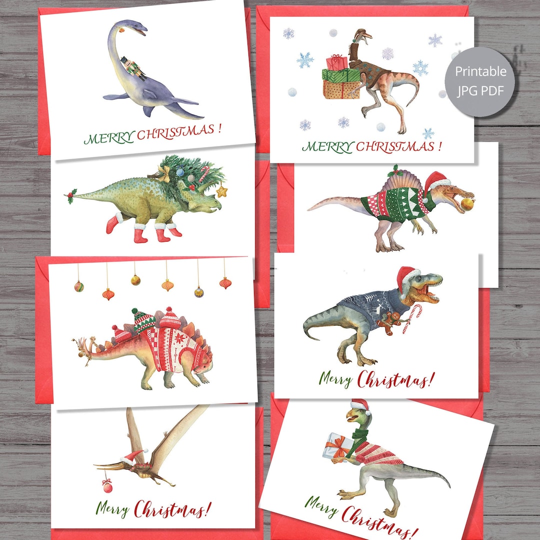 Set of 8 Dinosaur Christmas Cards, Dinosaur Holiday Card, Dinosaur ...