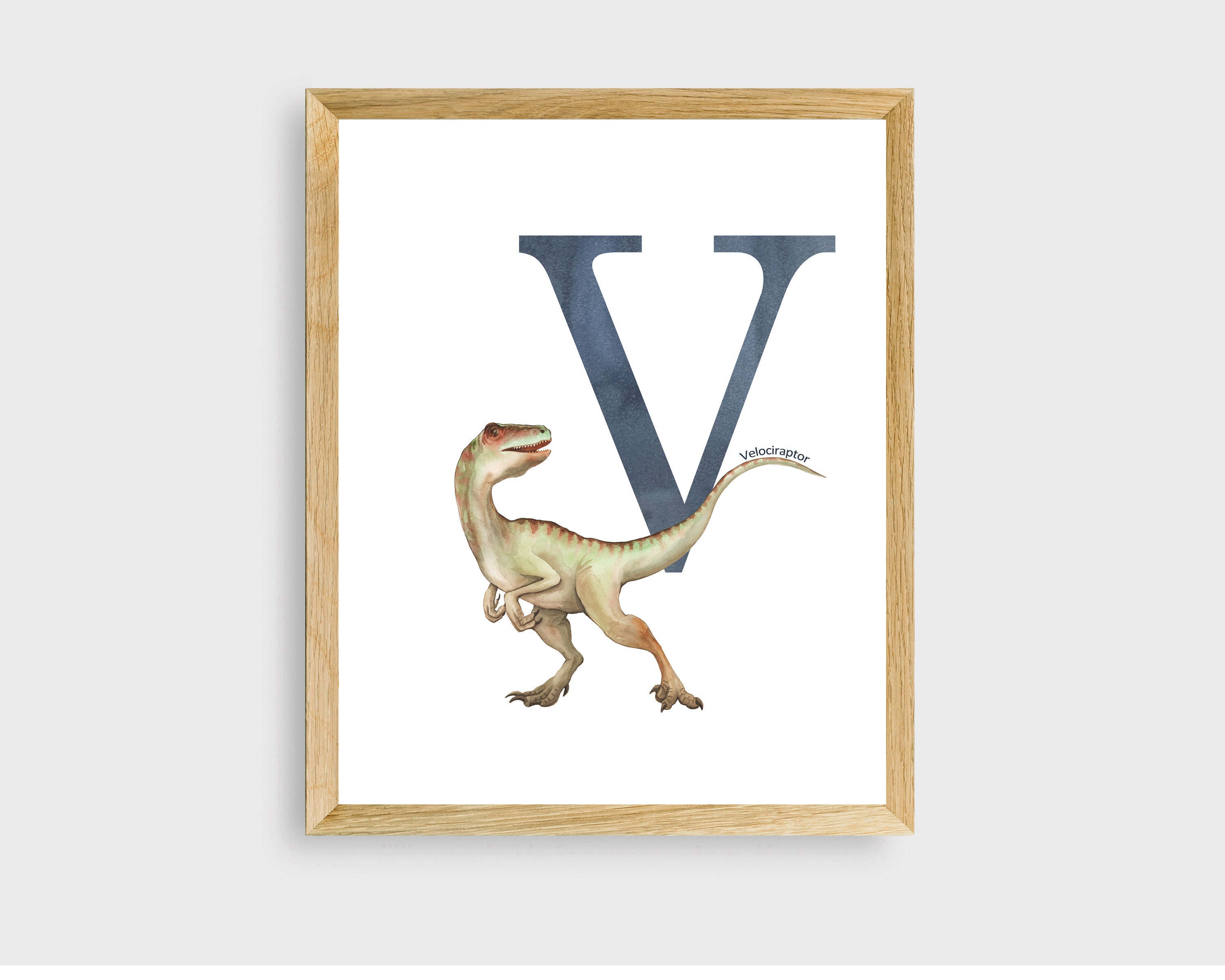 Letter V Velociraptor Dinosaur Watercolor Prints Nursery - Etsy