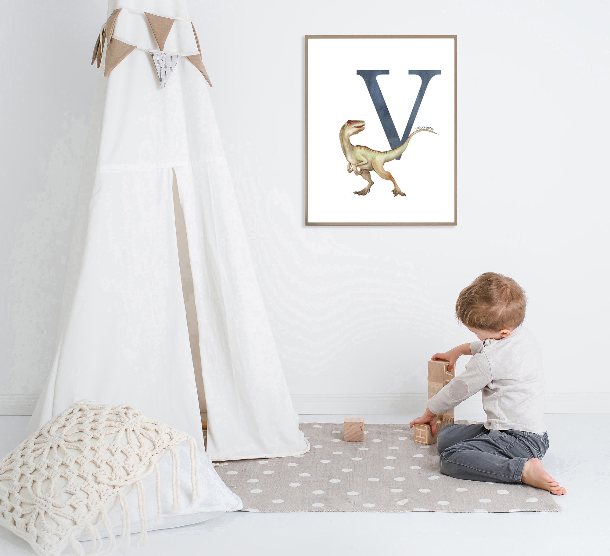 Letter V Velociraptor Dinosaur Watercolor Prints Nursery - Etsy